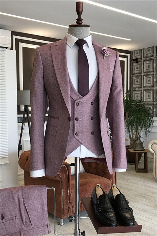 Carter Stylish Plum Peaked Lapel Three Pieces Prom Suits For Men