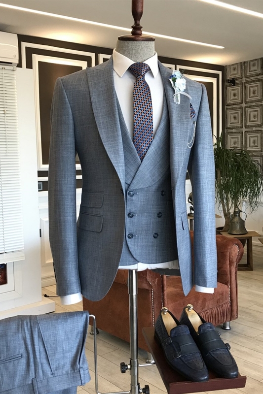 Fabian Dusty Blue Peaked Lapel Three Pieces Bespoke Business Suits
