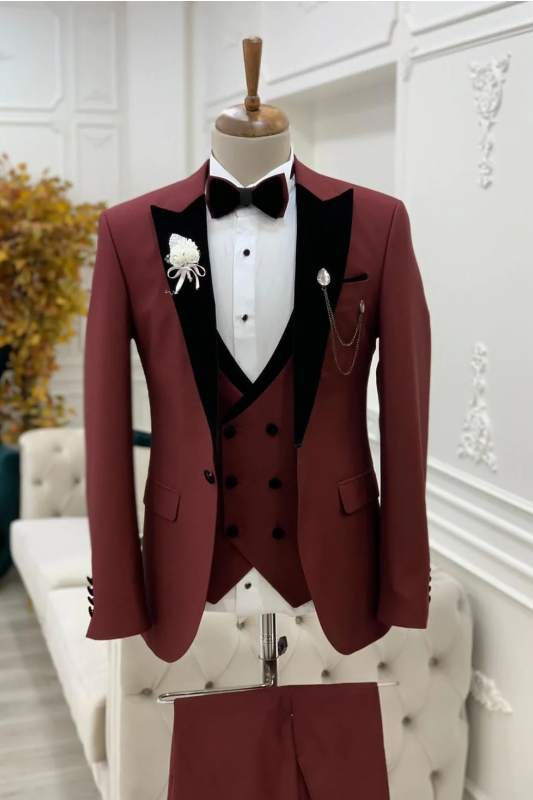 Rollins Glamorous Burgundy Peaked Lapel Three Pieces Prom Suits