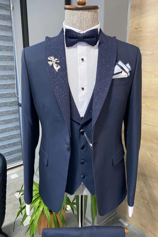 Ross Navy Blue Peaked Lapel Three Pieces Classic Prom Suits