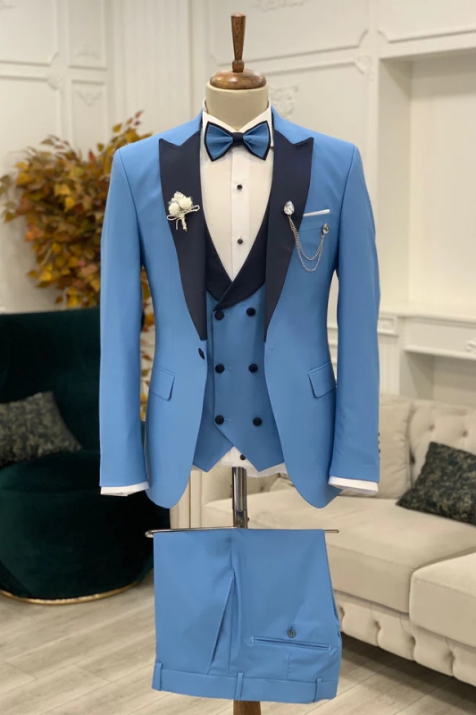 Ryan Fancy Blue Peaked Lapel Three Pieces Close Fitting Prom Suits