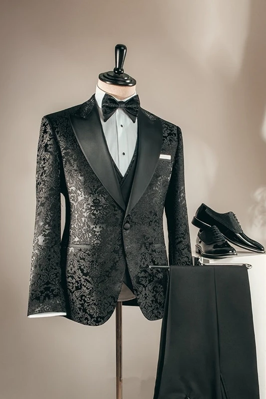 Bert Formal Black Peaked Lapel Three Pieces Jacquard Prom Suits