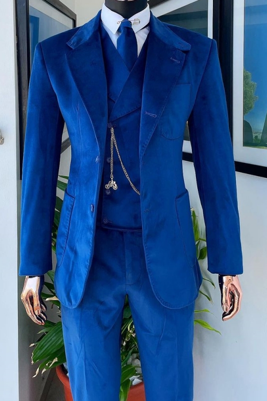 Burnell Fancy Royal Blue Notched Lapel Three Pieces Velvet Prom Suits