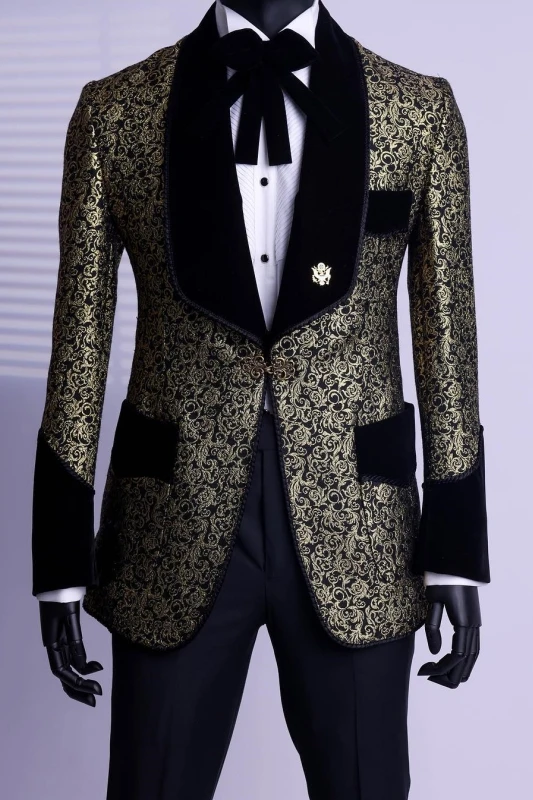 Cliff Fashion Gold Rose Jacquard Wedding Suits With Velvet Lapel