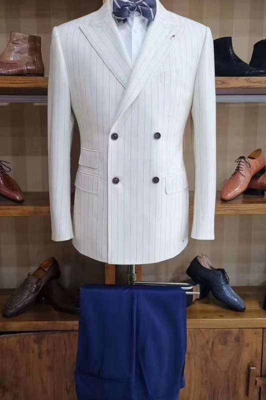 Colby White Striped Peaked Lapel Double Breasted Prom Suits With Blue Pants