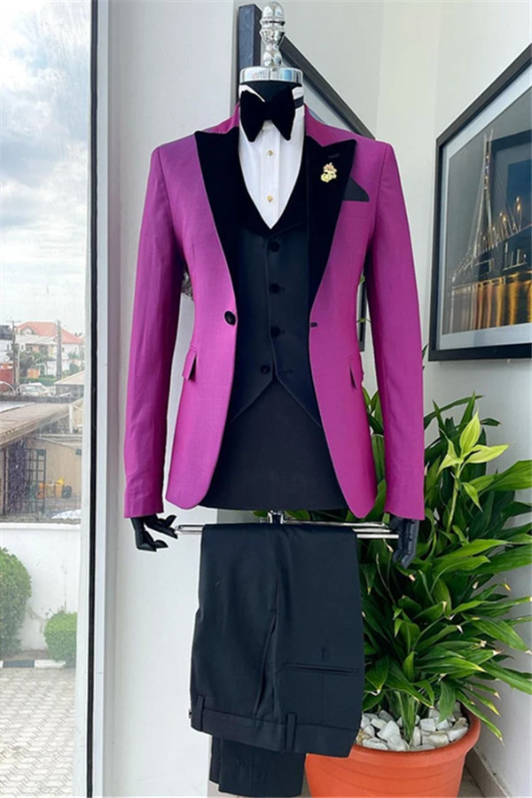 Oba Fuchsia Three Pieces Slim Fit One Button Prom Men Suits
