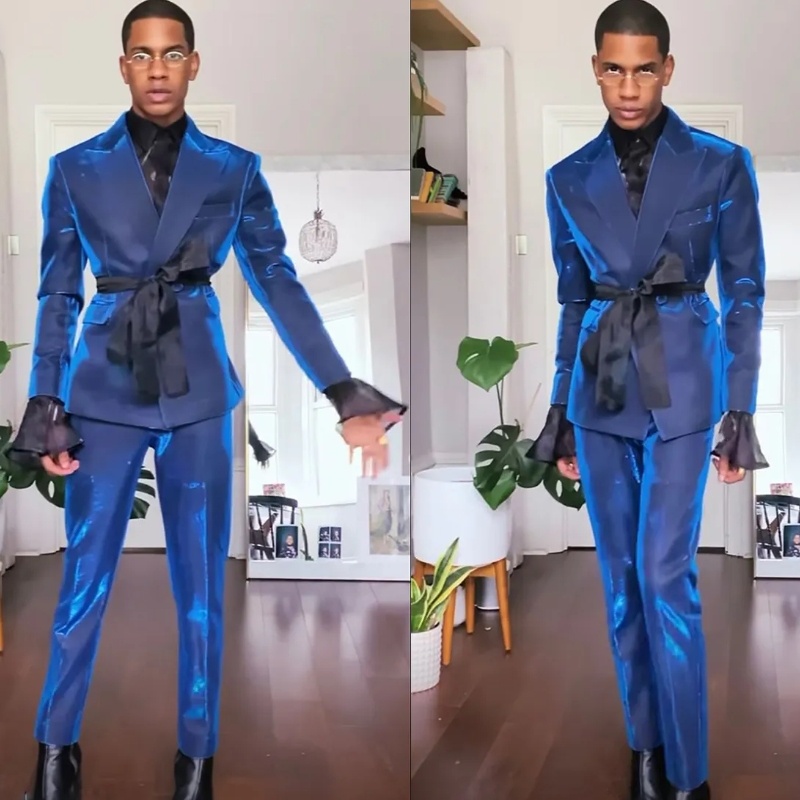 Lambert Fashion Blue Peaked Lapel Satin Prom Suits For Men