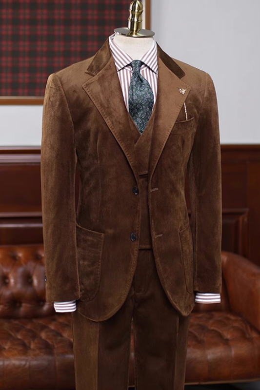 Cecil Modern Brown Notched Lapel Three Pieces Velvet Prom Suits