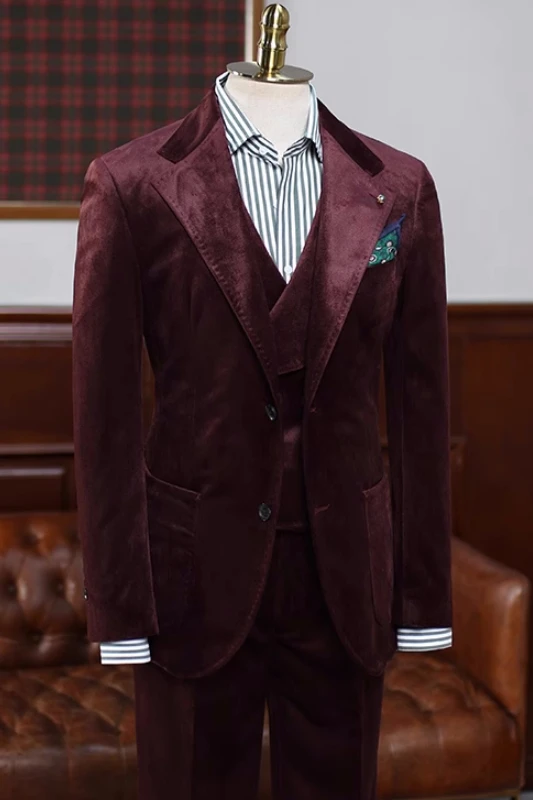 Chad Handsome Burgundy Notched Lapel Three Pieces Velvet Prom Suits