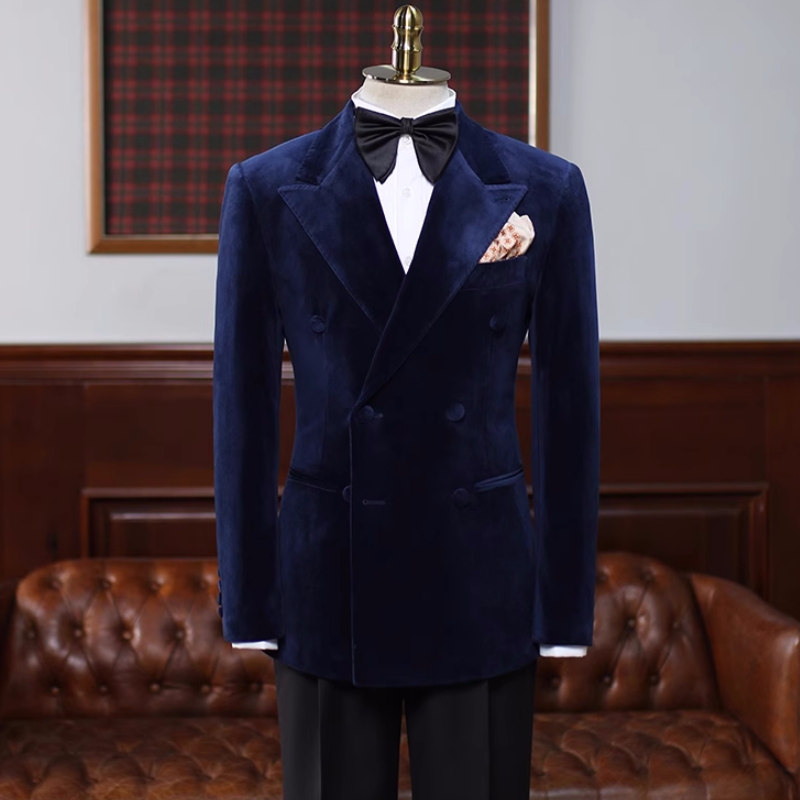 Christ Classical Navy Blue Peaked Lapel Double Breasted Velvet Prom Suits