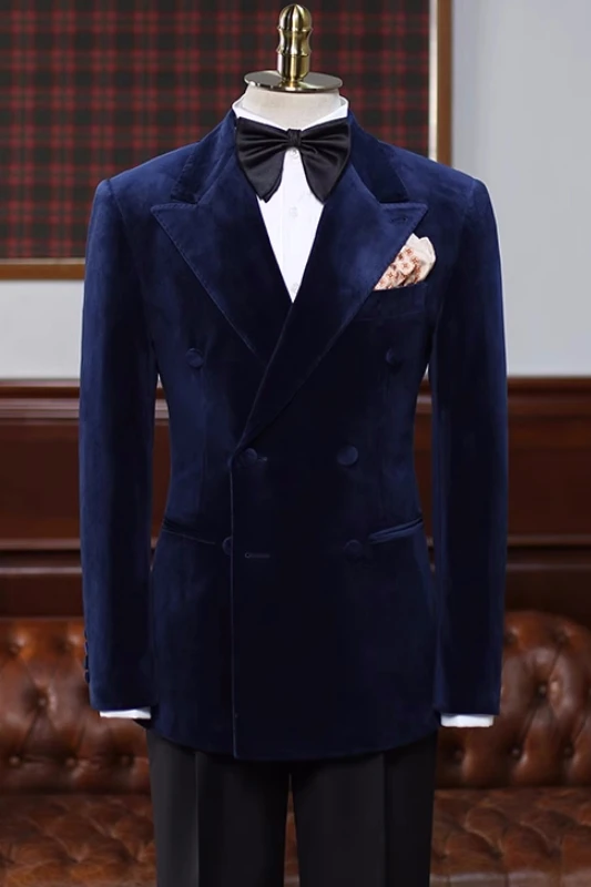 Christ Classical Navy Blue Peaked Lapel Double Breasted Velvet Prom Suits