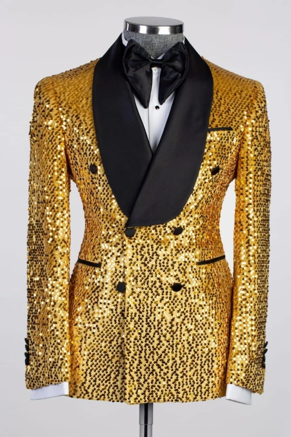 Antony Bling Gold Double Breasted Shawl Lapel Sequins Men Suits