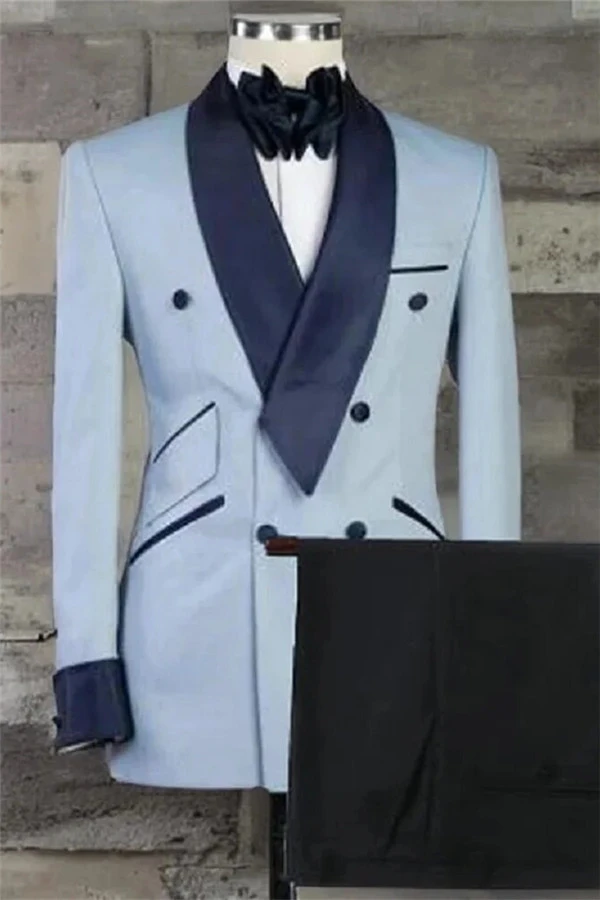 Rohan Blue Shawl Lapel Double Breasted Slim Fit Prom Men Suits