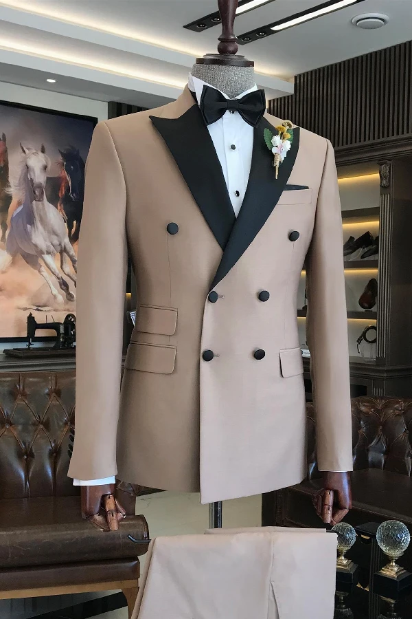Terence Double Breasted Black Peaked Lapel Light Coffee Classic Wedding ...