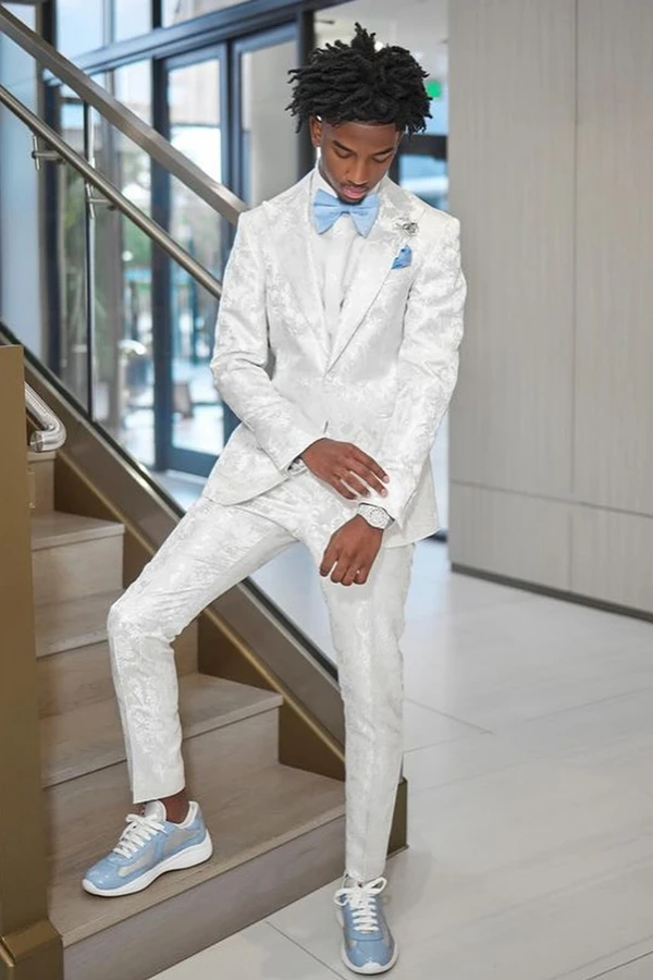 Kaleb White Jacquard Cool Peaked Lapel One Button Prom Outfits for Boy