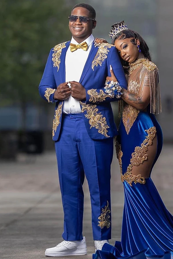 Patrick Royal Blue Two Pieces Notched Lapel Prom Suits with Appliques