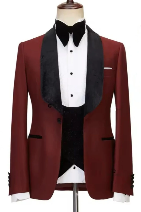 Dark Red 3 Piece Wedding Suit Black Velvet Prom Suit with Sparkling ...